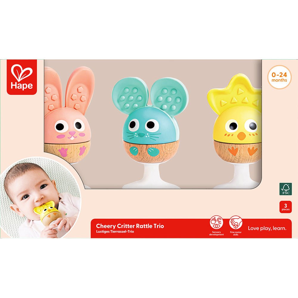 Hape Cheery Critter Rattle Trio – Mastermind Toys